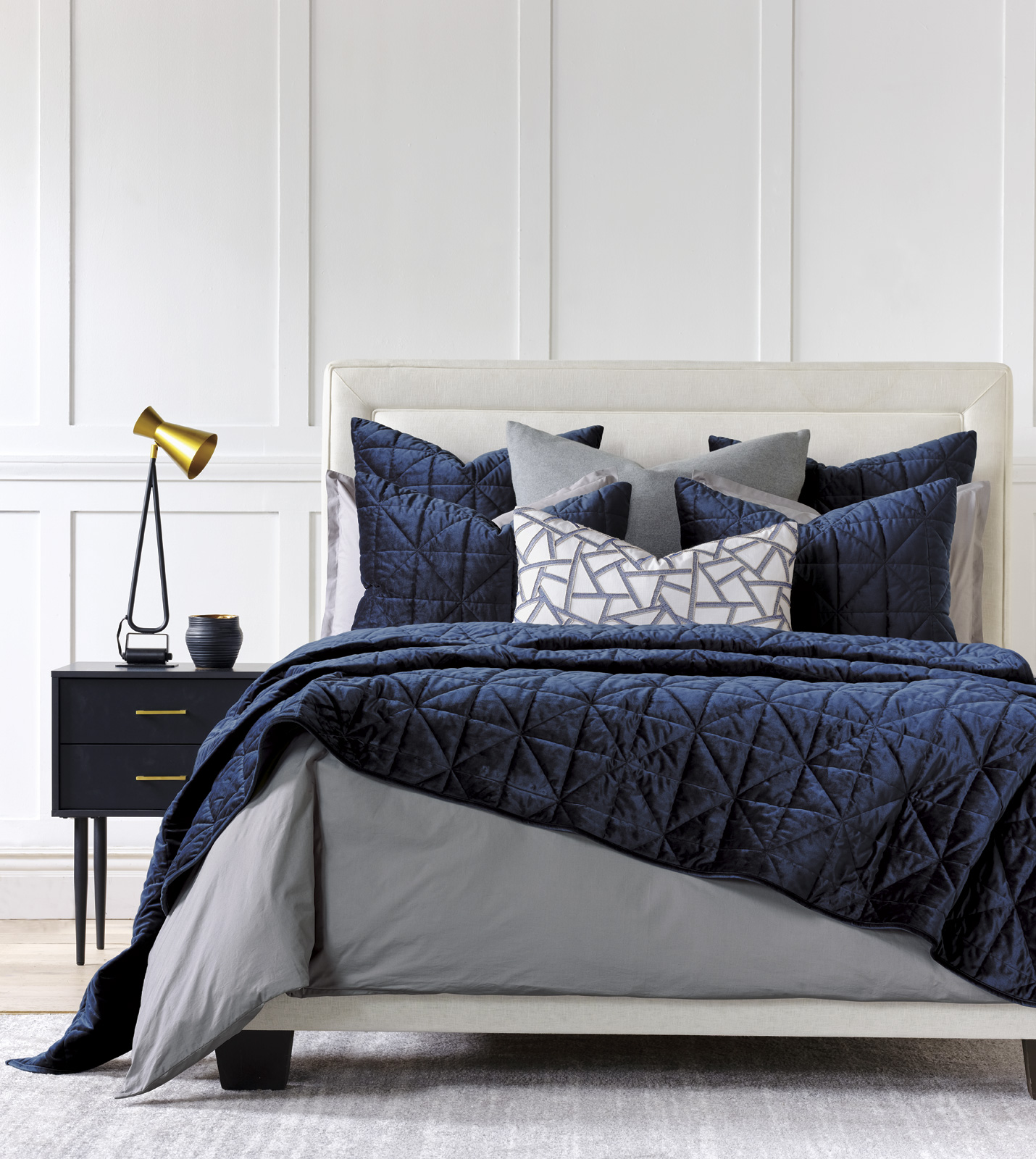 Nova Quilted Velvet Coverlet In Indigo | Eastern Accents